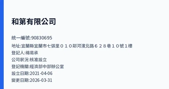 和第有限公司的照片-統編 90830695(宜蘭縣) 公司登記資料與營業項目詳細圖表