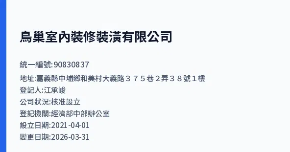 鳥巢室內裝修裝潢有限公司的照片-統編 90830837(嘉義縣) 公司登記資料與營業項目詳細圖表