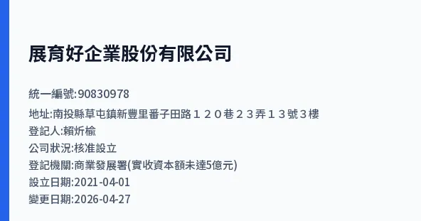 展育好企業股份有限公司的照片-統編 90830978(南投縣) 公司登記資料與營業項目詳細圖表