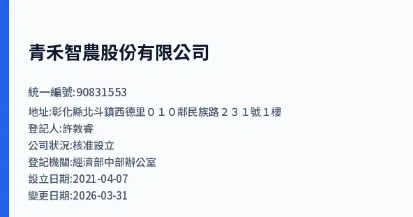 青禾智農股份有限公司的照片-統編 90831553(彰化縣) 公司登記資料與營業項目詳細圖表