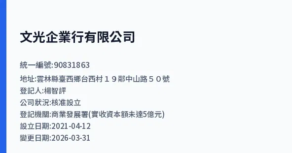 文光企業行有限公司的照片-統編 90831863(雲林縣) 公司登記資料與營業項目詳細圖表