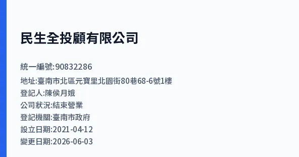 民生全投顧有限公司的照片-統編 90832286(臺南市) 公司登記資料與營業項目詳細圖表