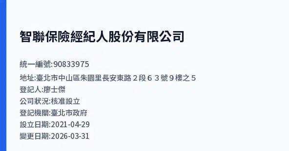 智聯保險經紀人股份有限公司的照片-統編 90833975(臺北市) 公司登記資料與營業項目詳細圖表