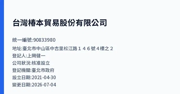 台灣椿本貿易股份有限公司的照片-統編 90833980(臺北市) 公司登記資料與營業項目詳細圖表