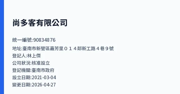 尚多客有限公司的照片-統編 90834876(臺南市) 公司登記資料與營業項目詳細圖表