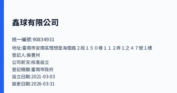 鑫球有限公司的照片-統編 90834931(臺南市) 公司登記資料與營業項目詳細圖表