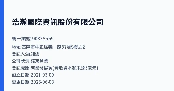浩瀚國際資訊股份有限公司的照片-統編 90835559(基隆市) 公司登記資料與營業項目詳細圖表