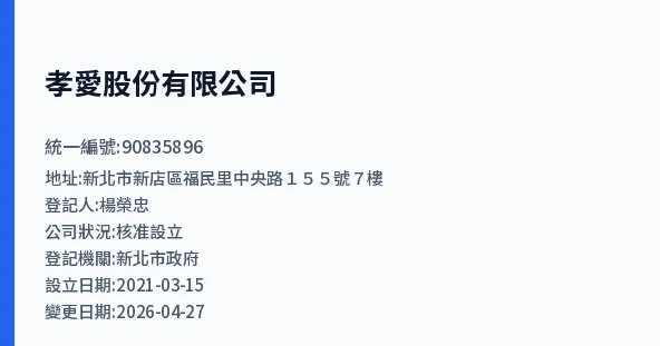 孝愛股份有限公司的照片-統編 90835896(新北市) 公司登記資料與營業項目詳細圖表