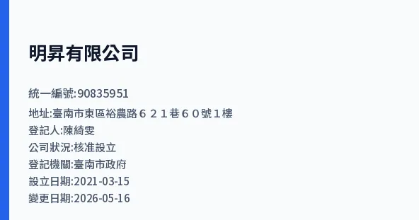 明昇有限公司的照片-統編 90835951(臺南市) 公司登記資料與營業項目詳細圖表