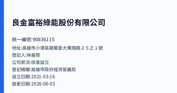 良金富裕綠能股份有限公司的照片-統編 90836115(高雄市) 公司登記資料與營業項目詳細圖表