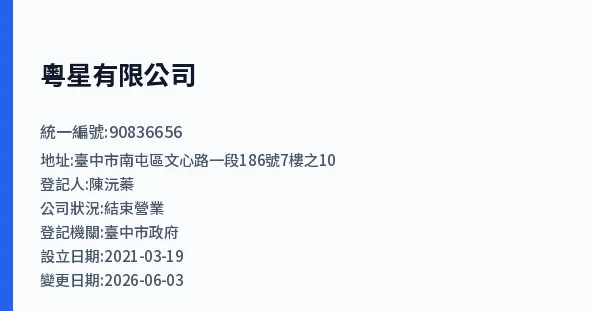 粵星有限公司的照片-統編 90836656(臺中市) 公司登記資料與營業項目詳細圖表