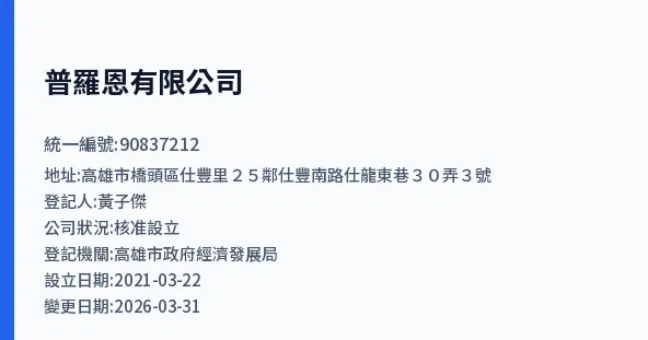 普羅恩有限公司的照片-統編 90837212(高雄市) 公司登記資料與營業項目詳細圖表