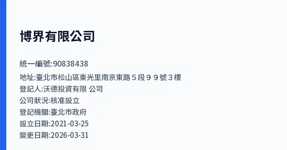博界有限公司的照片-統編 90838438(臺北市) 公司登記資料與營業項目詳細圖表
