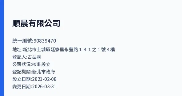 順晨有限公司的照片-統編 90839470(新北市) 公司登記資料與營業項目詳細圖表