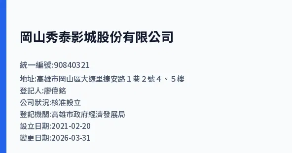 岡山秀泰影城股份有限公司的照片-統編 90840321(高雄市) 公司登記資料與營業項目詳細圖表
