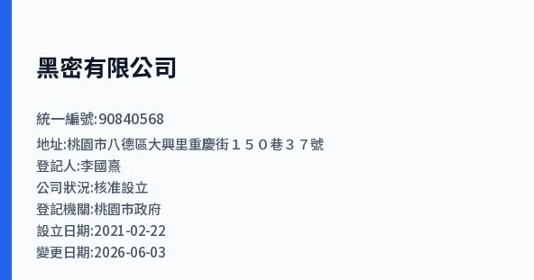 黑密有限公司的照片-統編 90840568(桃園市) 公司登記資料與營業項目詳細圖表