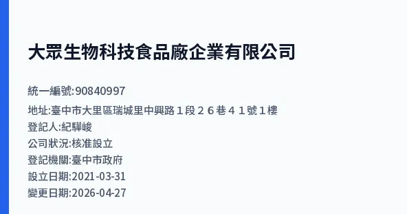 大眾生物科技食品廠企業有限公司的照片-統編 90840997(臺中市) 公司登記資料與營業項目詳細圖表