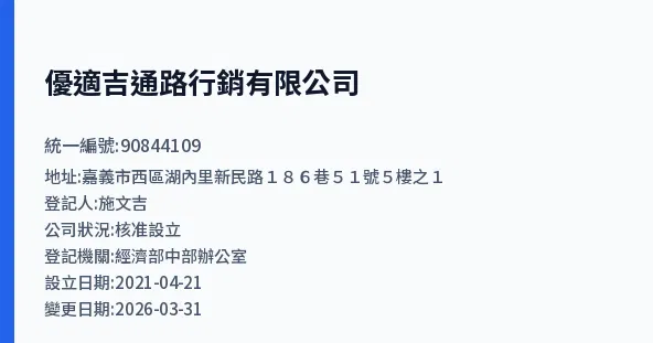 優適吉通路行銷有限公司的照片-統編 90844109(嘉義市) 公司登記資料與營業項目詳細圖表
