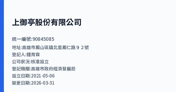 上御亭股份有限公司的照片-統編 90845085(高雄市) 公司登記資料與營業項目詳細圖表