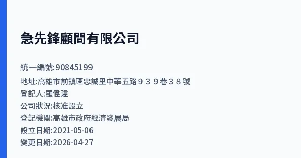 急先鋒顧問有限公司的照片-統編 90845199(高雄市) 公司登記資料與營業項目詳細圖表
