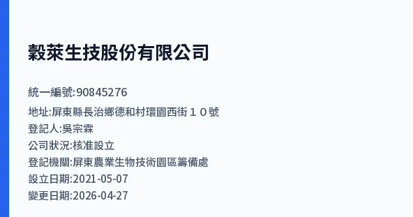 穀萊生技股份有限公司的照片-統編 90845276(屏東縣) 公司登記資料與營業項目詳細圖表