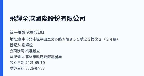 飛耀全球國際股份有限公司的照片-統編 90845281(臺中市) 公司登記資料與營業項目詳細圖表