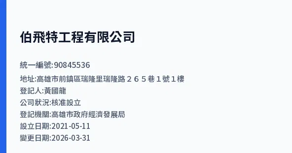 伯飛特工程有限公司的照片-統編 90845536(高雄市) 公司登記資料與營業項目詳細圖表