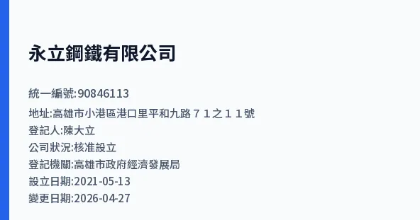 永立鋼鐵有限公司的照片-統編 90846113(高雄市) 公司登記資料與營業項目詳細圖表