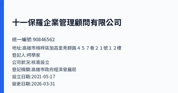 十一保羅企業管理顧問有限公司的照片-統編 90846562(高雄市) 公司登記資料與營業項目詳細圖表