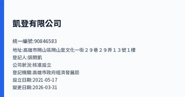 凱登有限公司的照片-統編 90846583(高雄市) 公司登記資料與營業項目詳細圖表