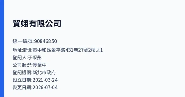 貿翊有限公司的照片-統編 90846850(新北市) 公司登記資料與營業項目詳細圖表