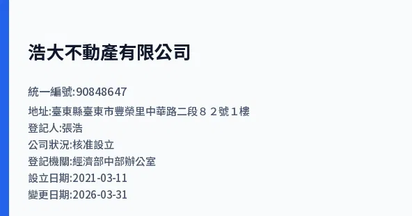 浩大不動產有限公司的照片-統編 90848647(臺東縣) 公司登記資料與營業項目詳細圖表