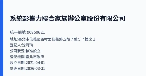 系統影響力聯合家族辦公室股份有限公司的照片-統編 90850621(臺北市) 公司登記資料與營業項目詳細圖表