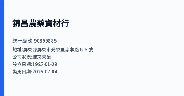 錦昌農藥資材行的照片-統編 90855885(屏東縣) 公司登記資料與營業項目詳細圖表