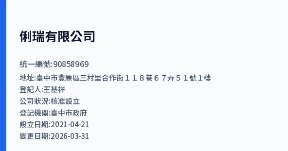 俐瑞有限公司的照片-統編 90858969(臺中市) 公司登記資料與營業項目詳細圖表