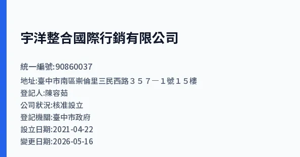宇洋整合國際行銷有限公司的照片-統編 90860037(臺中市) 公司登記資料與營業項目詳細圖表