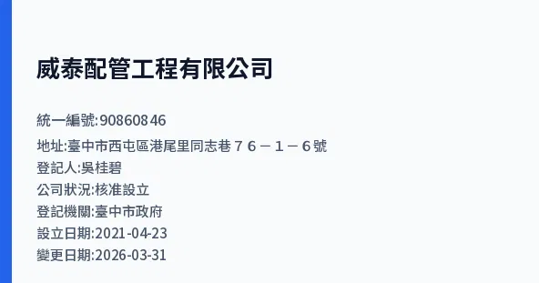 威泰配管工程有限公司的照片-統編 90860846(臺中市) 公司登記資料與營業項目詳細圖表