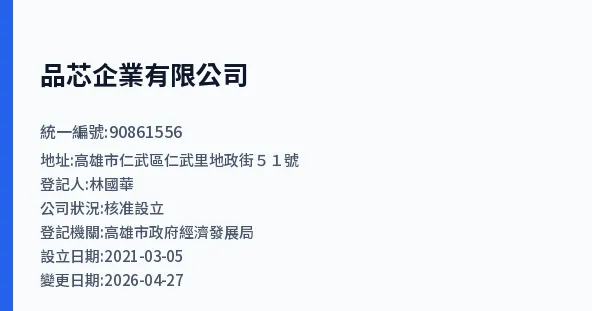 品芯企業有限公司的照片-統編 90861556(高雄市) 公司登記資料與營業項目詳細圖表