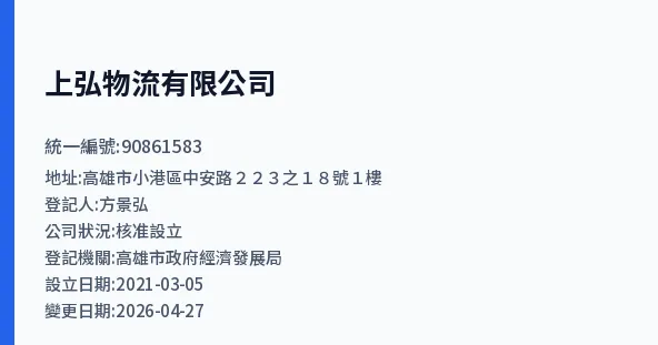 上弘物流有限公司的照片-統編 90861583(高雄市) 公司登記資料與營業項目詳細圖表