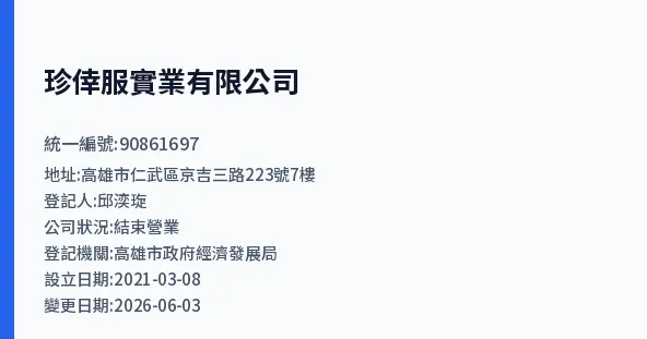 珍倖服實業有限公司的照片-統編 90861697(高雄市) 公司登記資料與營業項目詳細圖表