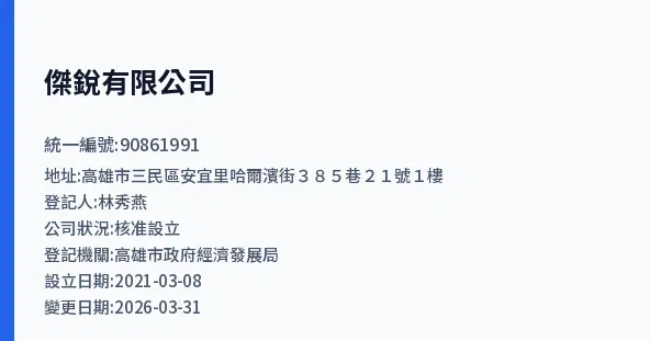 傑銳有限公司的照片-統編 90861991(高雄市) 公司登記資料與營業項目詳細圖表