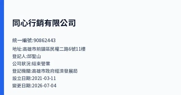 同心行銷有限公司的照片-統編 90862443(高雄市) 公司登記資料與營業項目詳細圖表