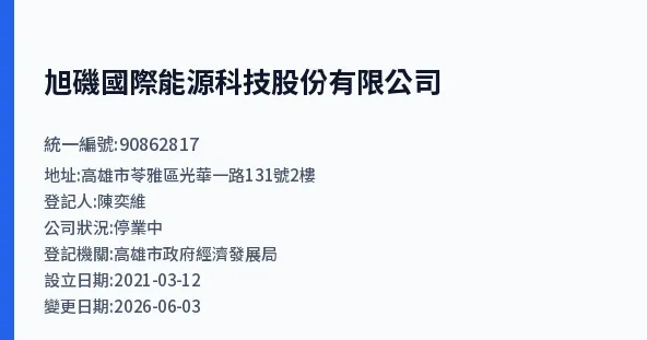 旭磯國際能源科技股份有限公司的照片-統編 90862817(高雄市) 公司登記資料與營業項目詳細圖表