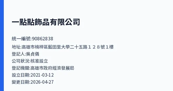 一點點飾品有限公司的照片-統編 90862838(高雄市) 公司登記資料與營業項目詳細圖表
