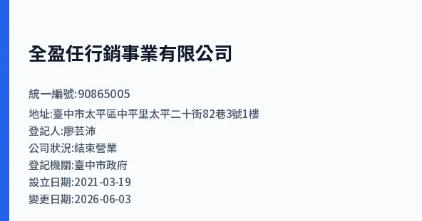 全盈任行銷事業有限公司的照片-統編 90865005(臺中市) 公司登記資料與營業項目詳細圖表