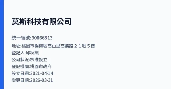 莫斯科技有限公司的照片-統編 90866813(桃園市) 公司登記資料與營業項目詳細圖表