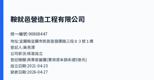 鞍就邑營造工程有限公司的照片-統編 90868447(宜蘭縣) 公司登記資料與營業項目詳細圖表
