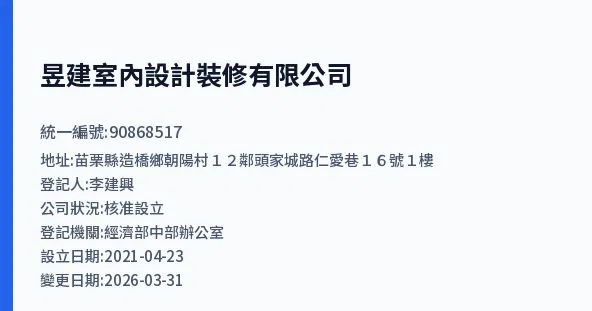 昱建室內設計裝修有限公司的照片-統編 90868517(苗栗縣) 公司登記資料與營業項目詳細圖表