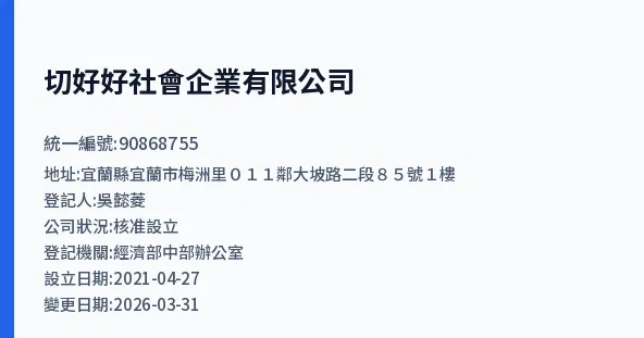 切好好社會企業有限公司的照片-統編 90868755(宜蘭縣) 公司登記資料與營業項目詳細圖表