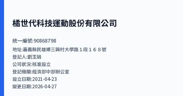 橘世代科技運動股份有限公司的照片-統編 90868798(嘉義縣) 公司登記資料與營業項目詳細圖表